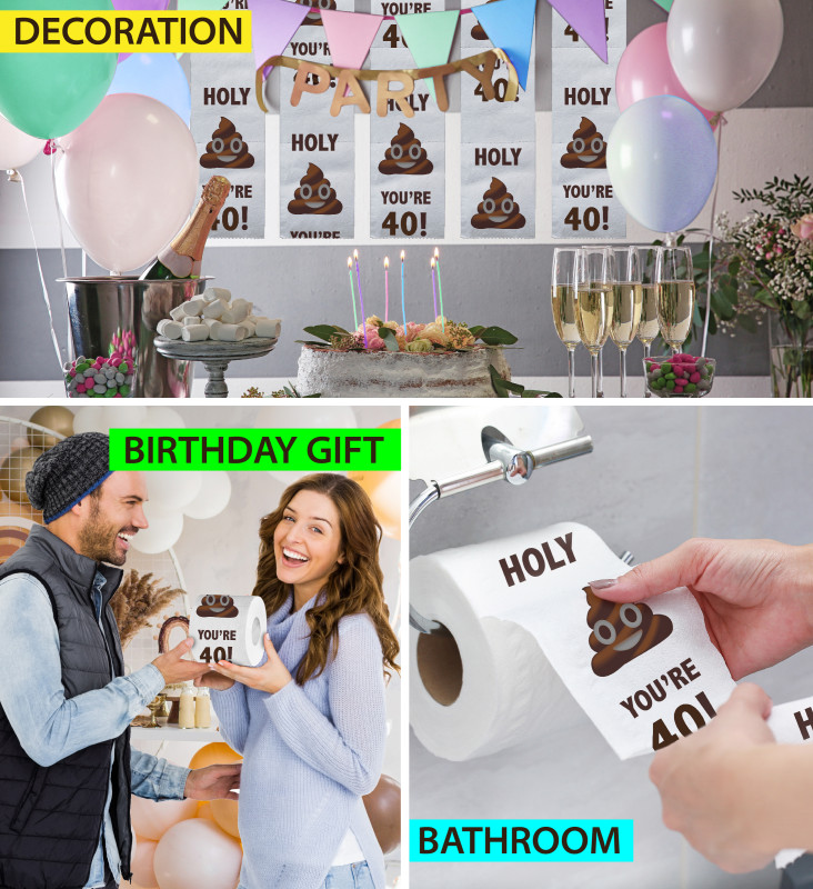 Printed TP Holy Poop You're 40 Printed Toilet Paper Gag Gift – Happy 40th Birthday Funny Toilet ...